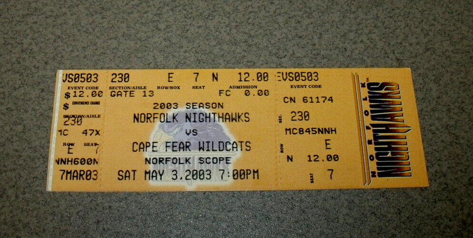 Norfolk Nighthawks 5/3/2003 Arena Football AFL Full Ticket vs Cape Fear ...