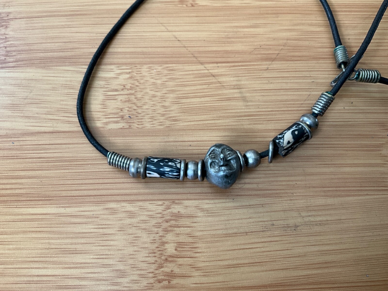 Vintage Pewter Moon Face adjustable cord necklace 70’… - Gem