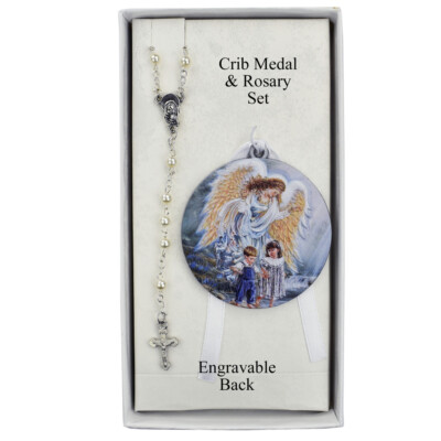 Enameled Guardian Angel Crib Medal and Pearlized White Beaded Rosary ...