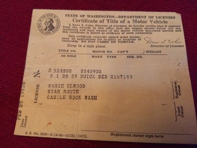 Vintage Historical Title Document Washington State 1929 Buick Sedan ...