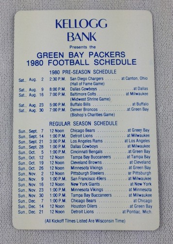 NFL 1980 Green Bay Packers Pocket Football Schedule Card - Kellogg Bank ...