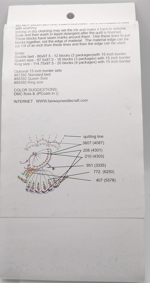 Fairway Needlecraft Quilt Blocks Kit #95192 LADY w/ PARASOL Embroidery ...