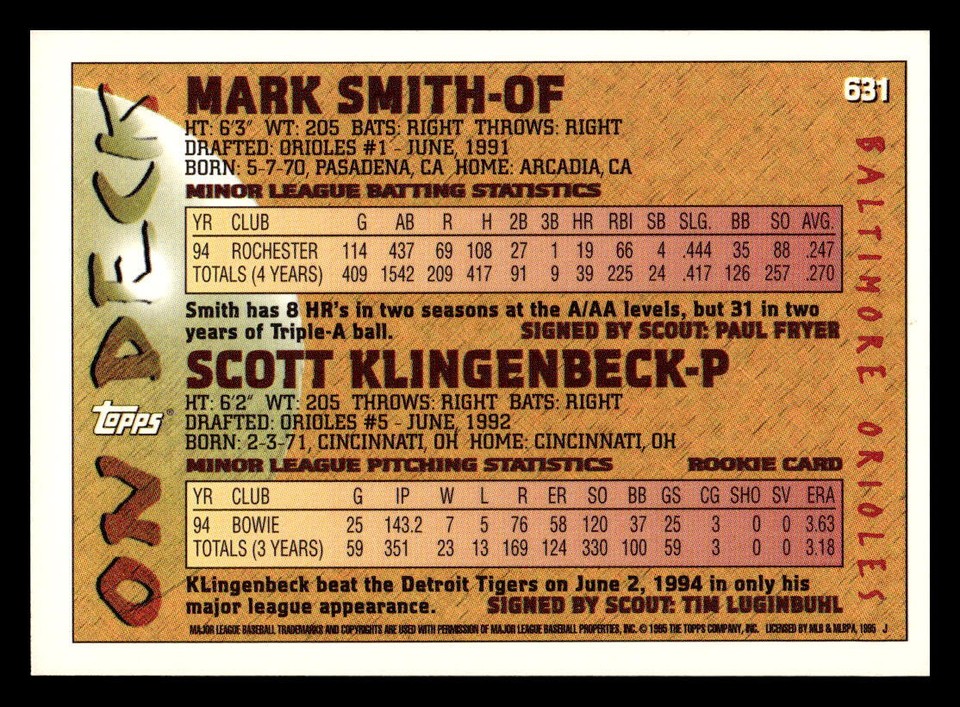 1995 Topps #631 Mark Smith / Scott Klingenbeck | eBay