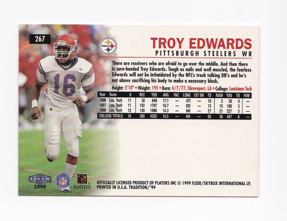 1999 Fleer Tradition #267 Troy Edwards RC Pittsburgh Steelers Louisiana ...