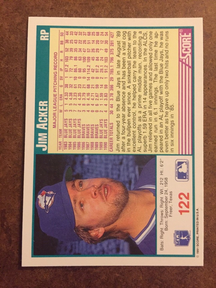 Jim Acker 122 Score 1991 MLB Baseball Trading Card | eBay