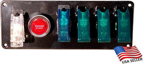 12V Switch Panel Black Powder Coat 4 GREEN Switches, 1 WHITE, RED Push ...