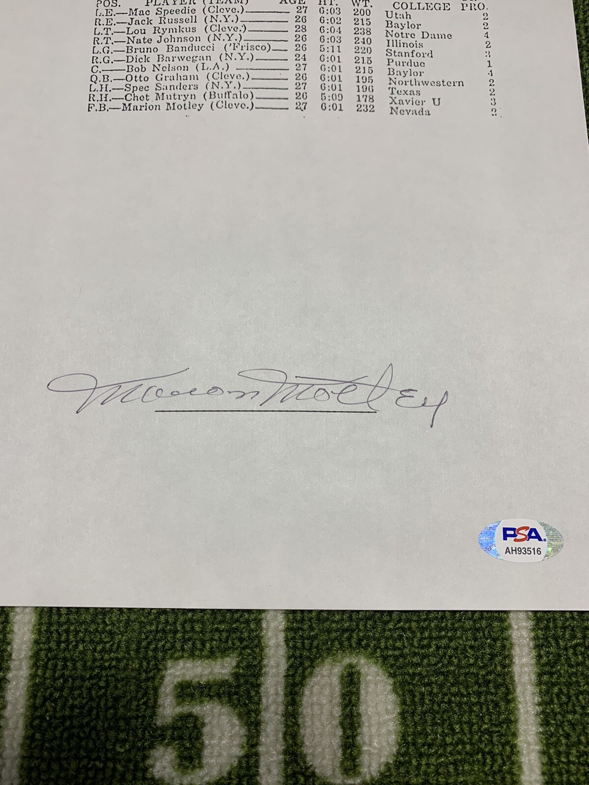 MARION MOTLEY SIGNED PAPER CLEVELAND BROWNS HOF 1968 PSA COA 516 | eBay