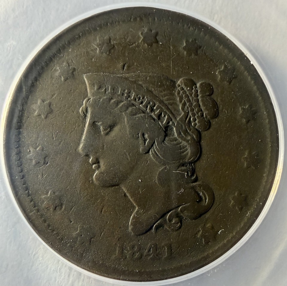 1841 Braided Hair Large Cent Graded Fine 12 by ANACS Copper Historical ...