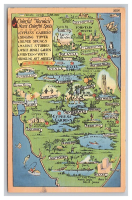 FLORIDA State Map Cities Landmarks Linen Postcard | eBay