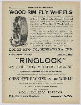 1895 Dodge Mfg. Co. Ad: Wood Rim Fly Wheels - Utility Scale - Mishawaka ...