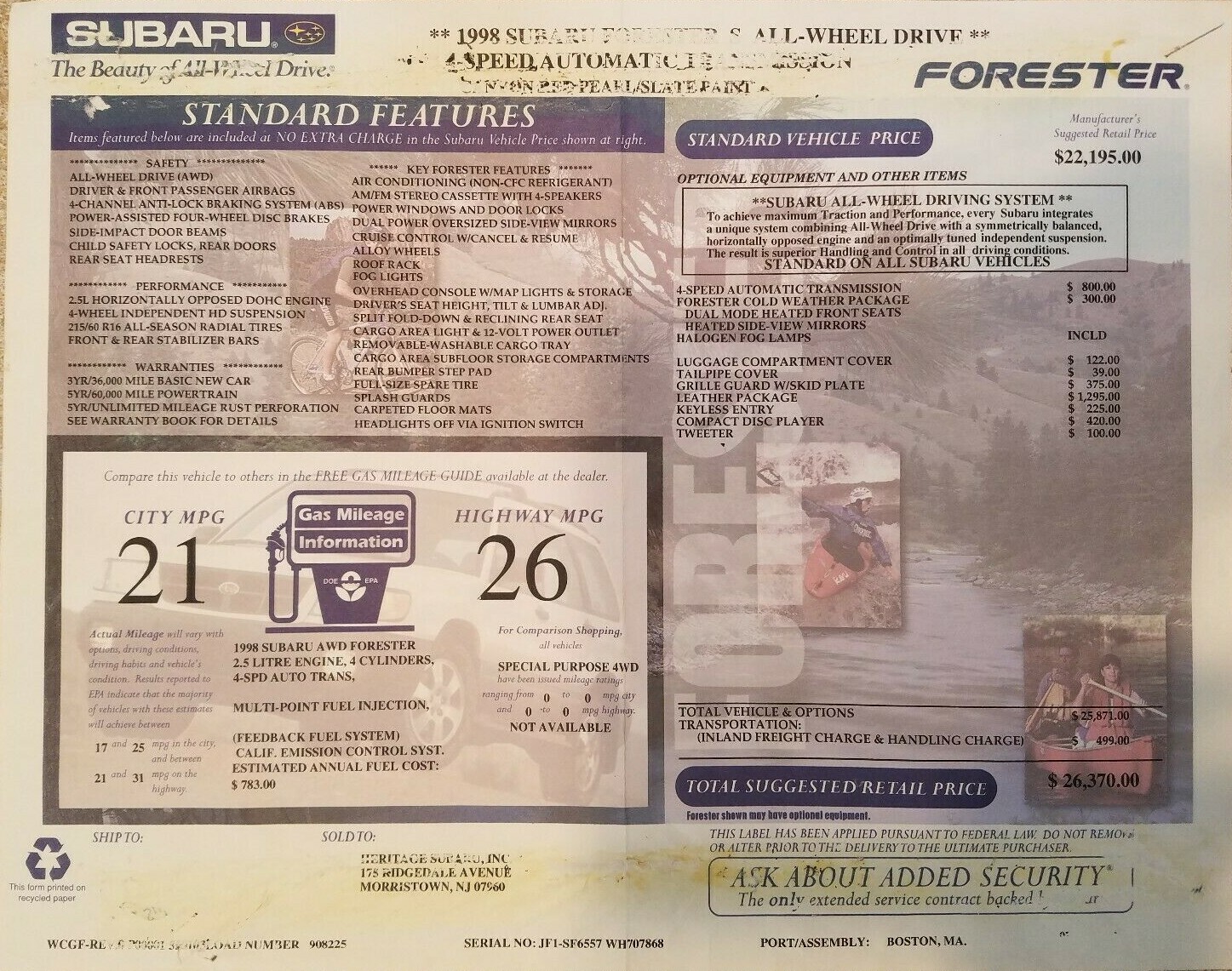 1998 SUBARU FORESTER ORIGINAL MSRP WINDOW STICKER | eBay