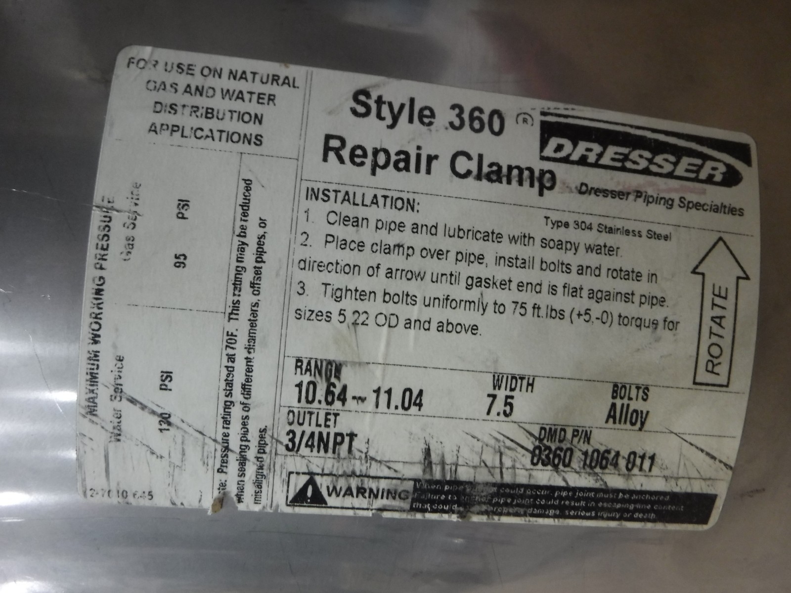 Dresser Style 360 Repair Clamp. Range 10.64-11.04 7.5 width. 0360 1064 ...