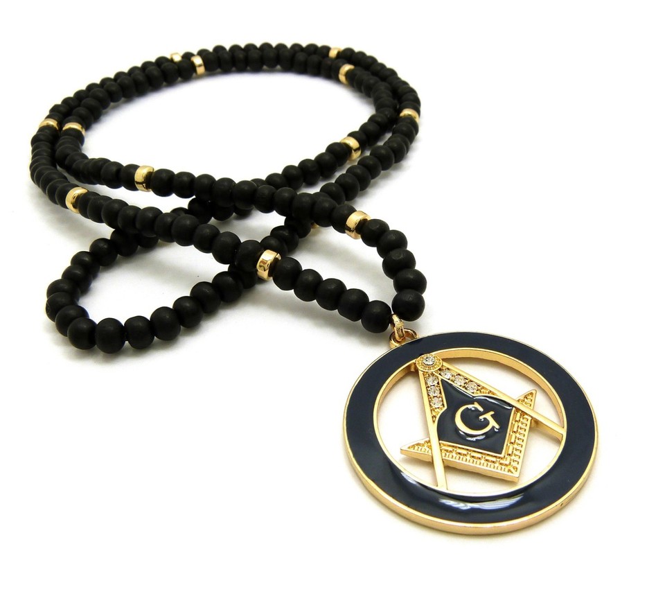 NEW FREEMASON MASONIC 2 TONE ROUND PENDANT 6mm/30" WOODEN BEAD CHAIN ...