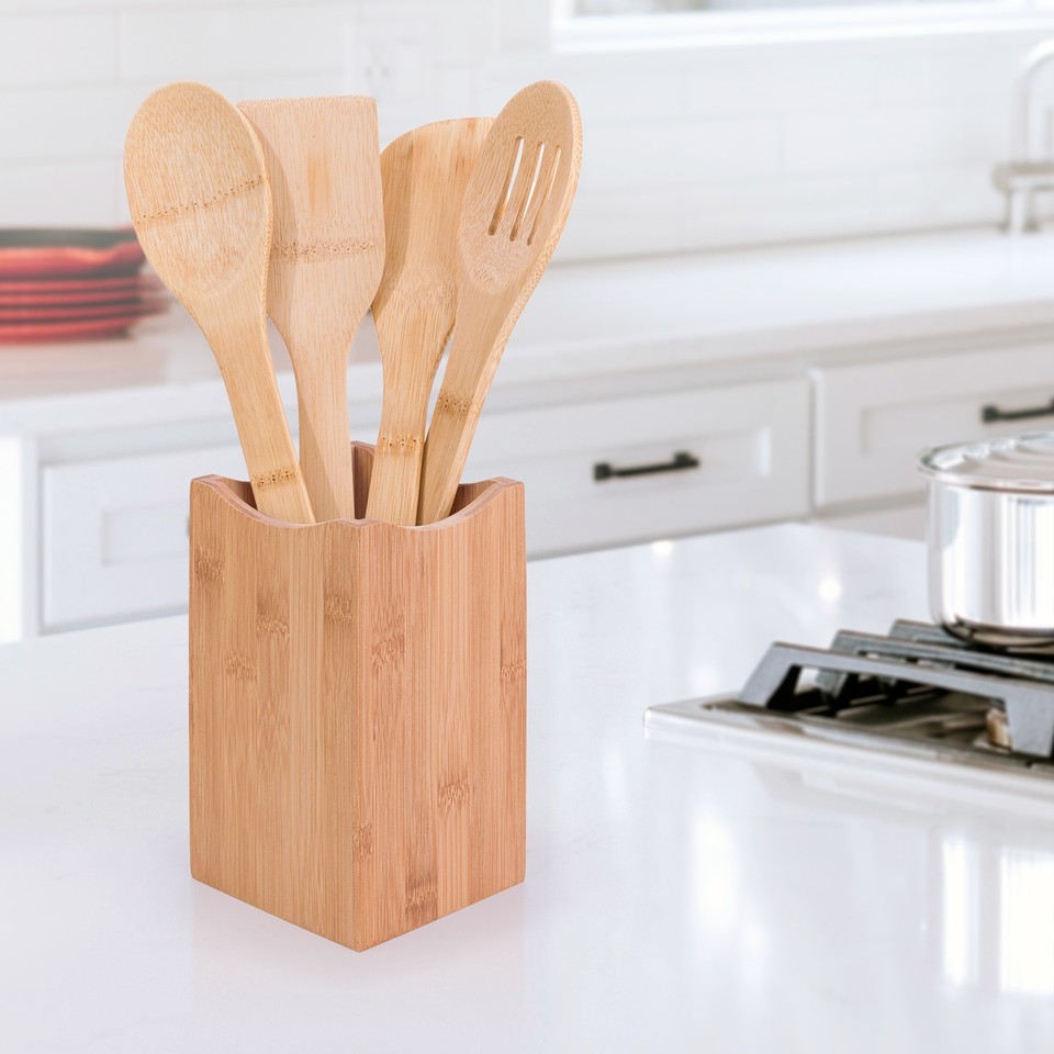 Woodluv Bamboo Kitchen Cookware Tool Set Spoon Utensil Holder-No Tools ...