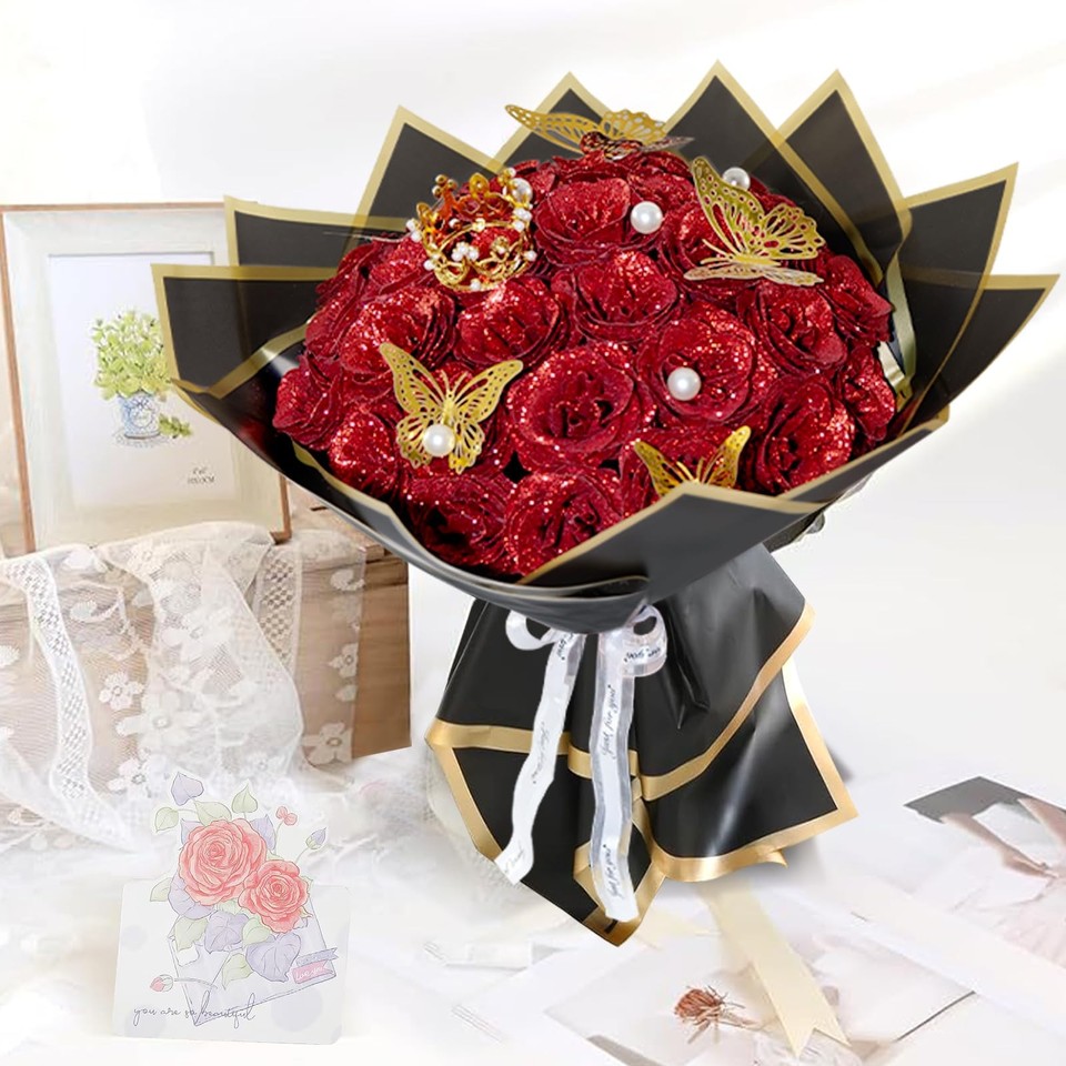 Red Glitter Roses Bouquet 24 Pcs Shiny Everlasting Artificial Roses ...