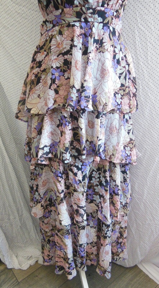 NEW ASTR Rosana BLACK FLORAL Tiered Ruffle CHIFFON Lace Up Back MAXI ...