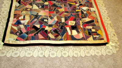 Vintage 1892 Crazy Quilt 53x64” Victorian ornate embroidery silk ...
