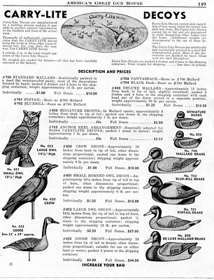 1943 Print Ad of Carry-Lite Hunting Decoy Owl Mallard Blue-Bill Drake ...