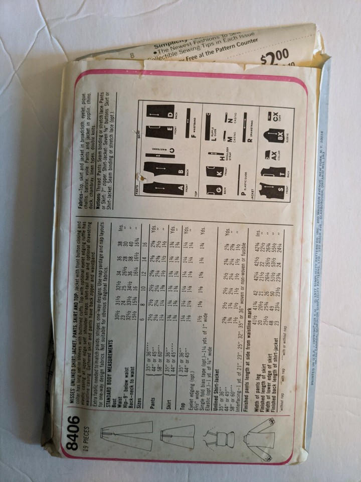 1977 Vintage SIMPLICITY 8406 Misses' Unlined Shirt Jacket Pants Skirt ...
