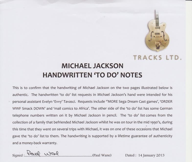 HISTORICAL Michael Jackson Handwritten Notes with TRACKS COA and REAL ...
