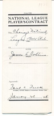 1938 Chicago Cubs, SIGNED Contract: Ripper Collins w/ HOF Ford Frick ...