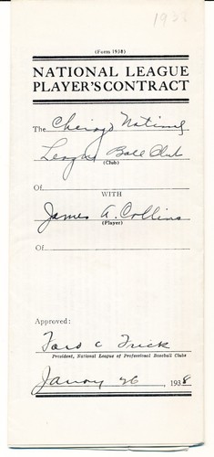 1938 Chicago Cubs, SIGNED Contract: Ripper Collins w/ HOF Ford Frick ...