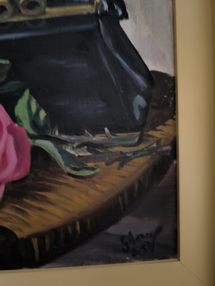 Oil On Cardboard Gabrielle Sorrel (20th) Still Life " Pink And Bag ...