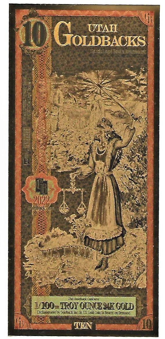 1-2022 Utah 10 Goldbacks Aurum Gold Foil Note 1/100 oz. 24KT Serial ...