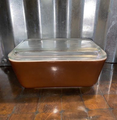Vintage PYREX Refrigerator Jar• BROWN #502 Dish w/ Glass Lid • 1-1/2 ...