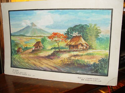 1964 Cavite Philippine watercolor painting, hut farm landscape Vietnam ...