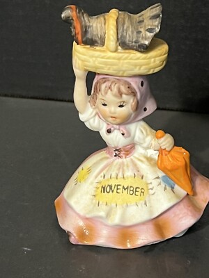 Lefton November Girl Birthday Figurine Turkey Basket Pink Dress 4.5 ...
