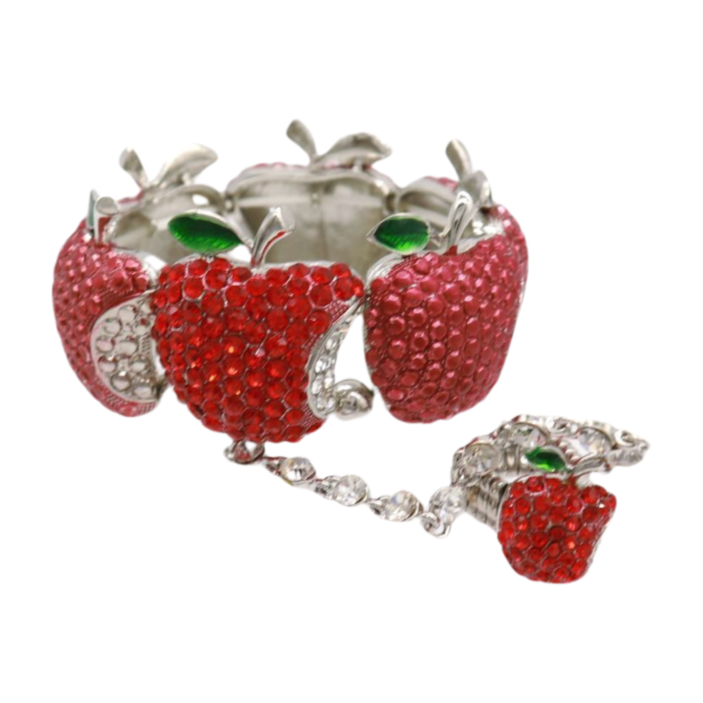 Women Silver Metal Hand Chain Red Apples Bracelet Bling Ring Halloween ...