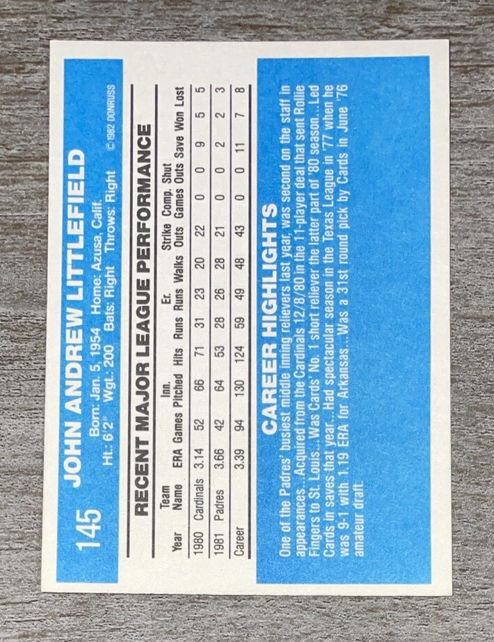 John Littlefield 1982 Donruss Padres #145 *G728* | eBay