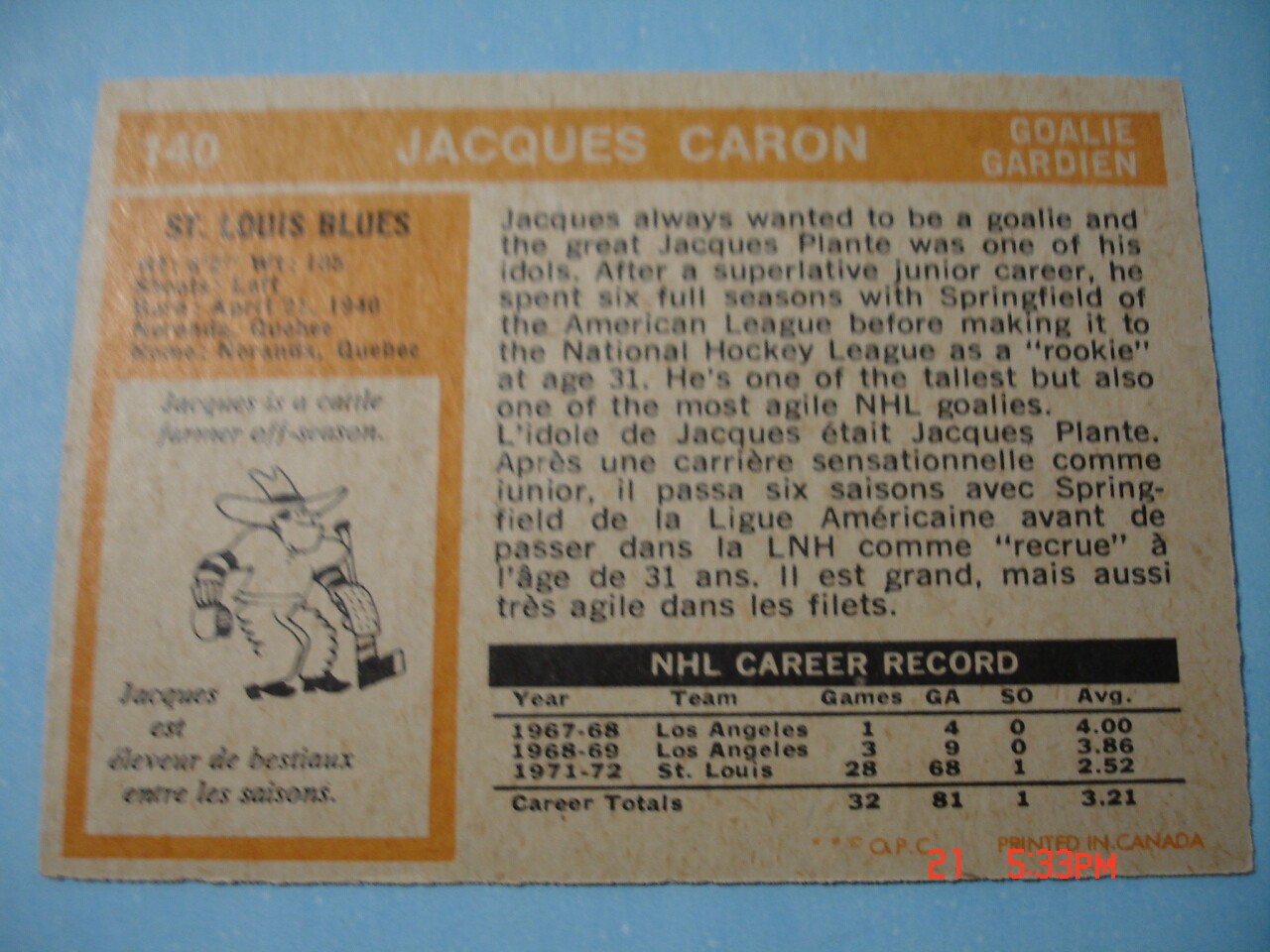 1972-73 O-Pee-Chee "Vintage" Card # 140 Jacques Caron RC! N/MT or ...