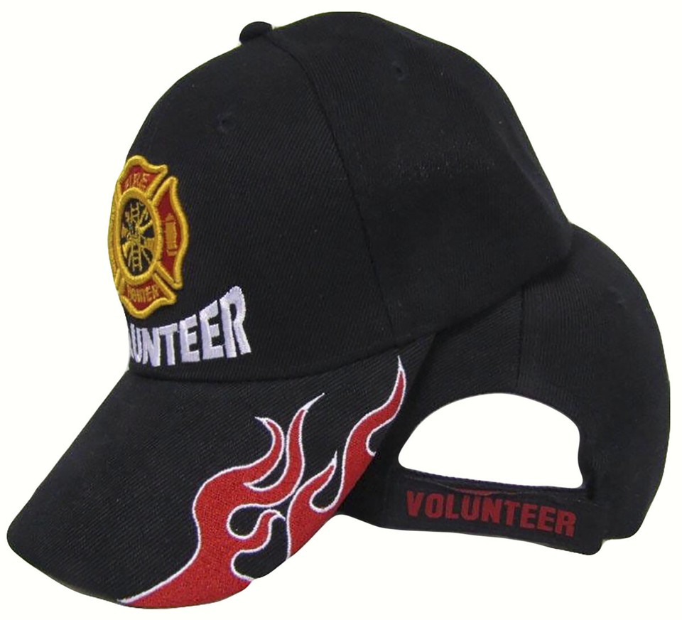 Fire Fighter Dept Department Volunteer Flames Embroidered Black Cap Hat ...