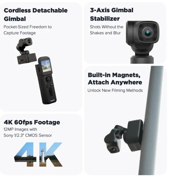 Feiyu Pocket 3 4K Vlog Action Camera 3-axis Gimbal Magnetic Body 130 ...