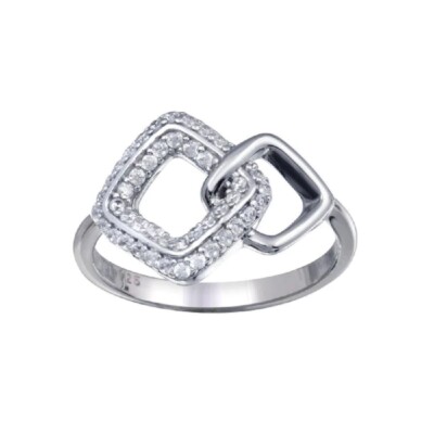 Sterling Silver Open Square Link Design Ring w/ Cubic Zirconia Stones ...