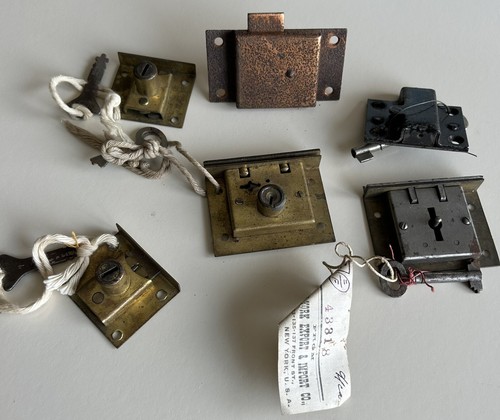 Six Antique Copper And Brass Cabinet Desk Drawer Locks With Skeleton ...
