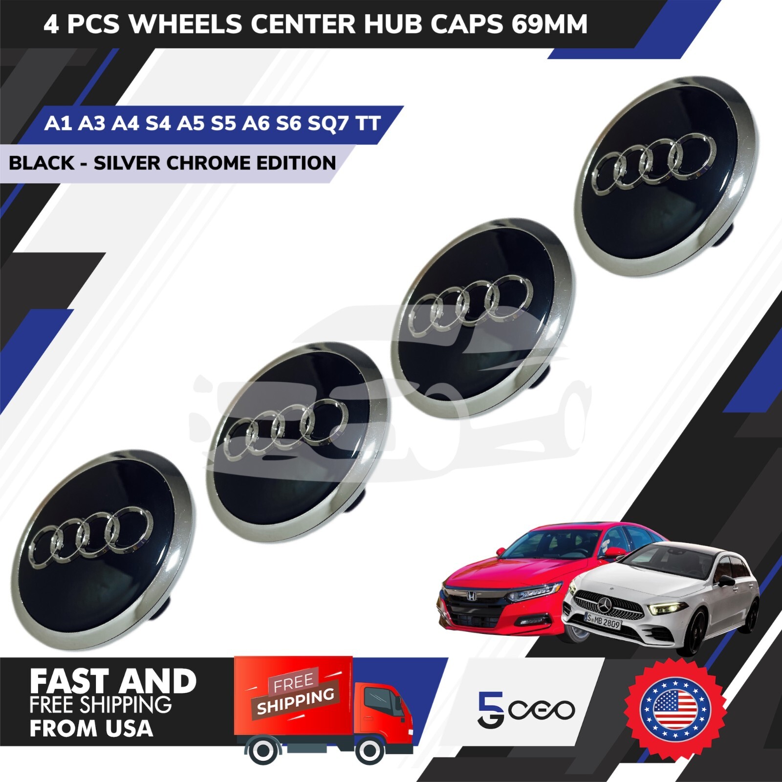 4 Black Chrome W Rim Center Replacement Hub Caps FOR Audi 69MM ...