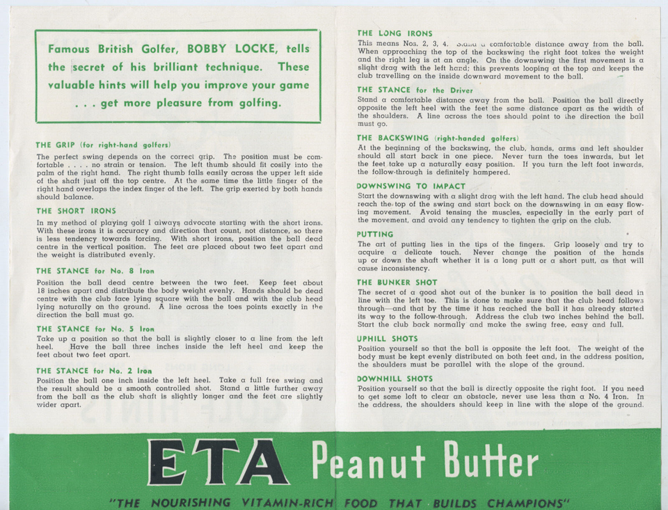 1938 PAMPHLET ETA PEANUT BUTTER ADVERT TESTIMONIAL BY BOBBY LOCKE ...