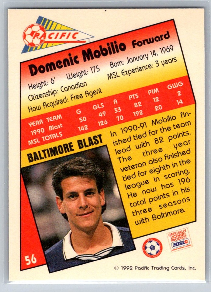 Domenic Mobilio 1991-92 Pacific MSL Pro Soccer Hi Gloss Baltimore Blast ...