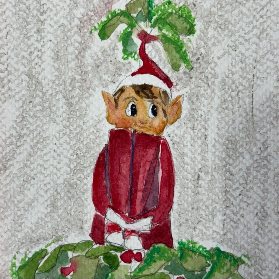 Retro Kitsch Elf on the Shelf Watercolor Mixed Media Artwork Vintage ...