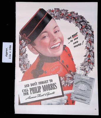 1940 PHILIP MORRIS America's Finest Cigarette Boy & X-Mas Wreath Print ...