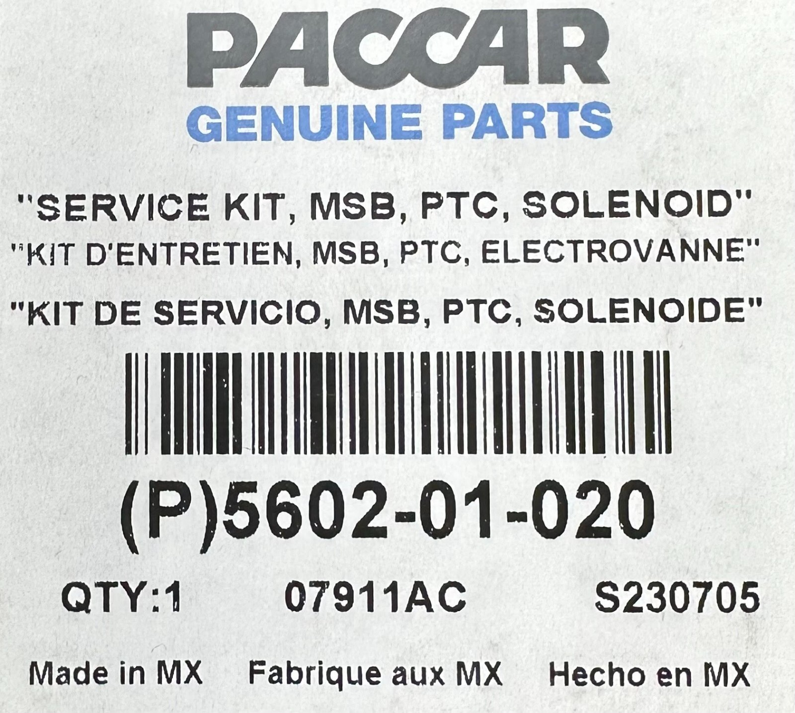 5602-01-020 FOR PACCAR MSB PTC BASE 1 SERVICE KIT. AIR/ELECTRIC ...