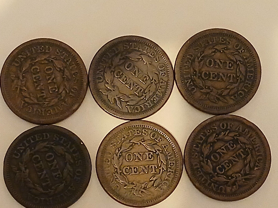 large cents coins us lot that has 6 coins 1847, 1848, 1850, 1852, 1853 ...