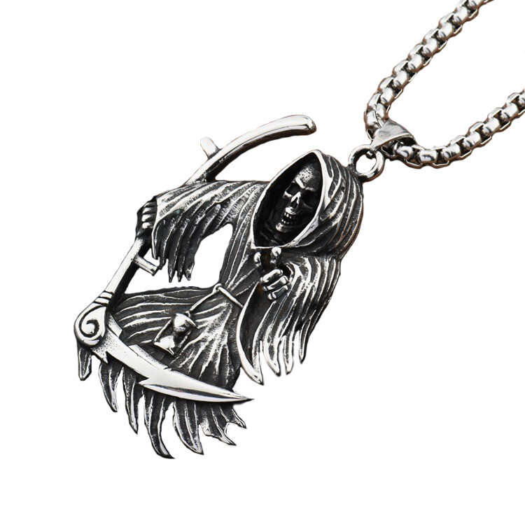 Mens Gothic Death Skull Grim Reaper Necklace Pendant Stainless Steel ...