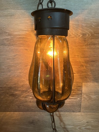 Mid Century Modern Amber Blown Glass Hanging Chain Lamp Chandelier ...