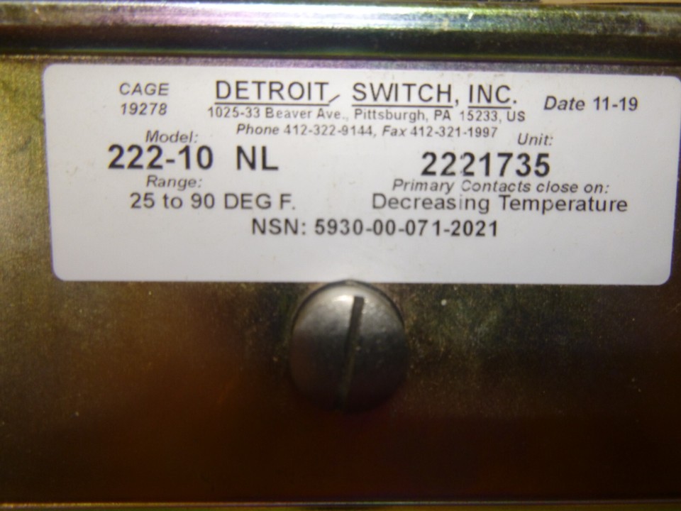 DETROIT SWITCH 222-10 NL TEMPERATURE CONTROL SWITCH 2221735 , 5930-00 ...