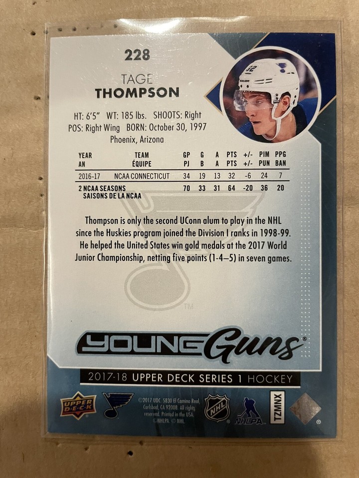 2017-18 Upper Deck Tage Thompson Young Guns Rookie #228 Card Buffalo ...