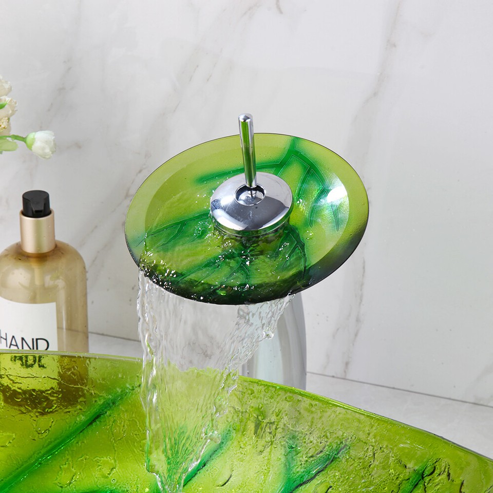 Leaf Shaped Glass Vessel Basin Sink&Bowl Chrome Waterfall Faucet Combo ...